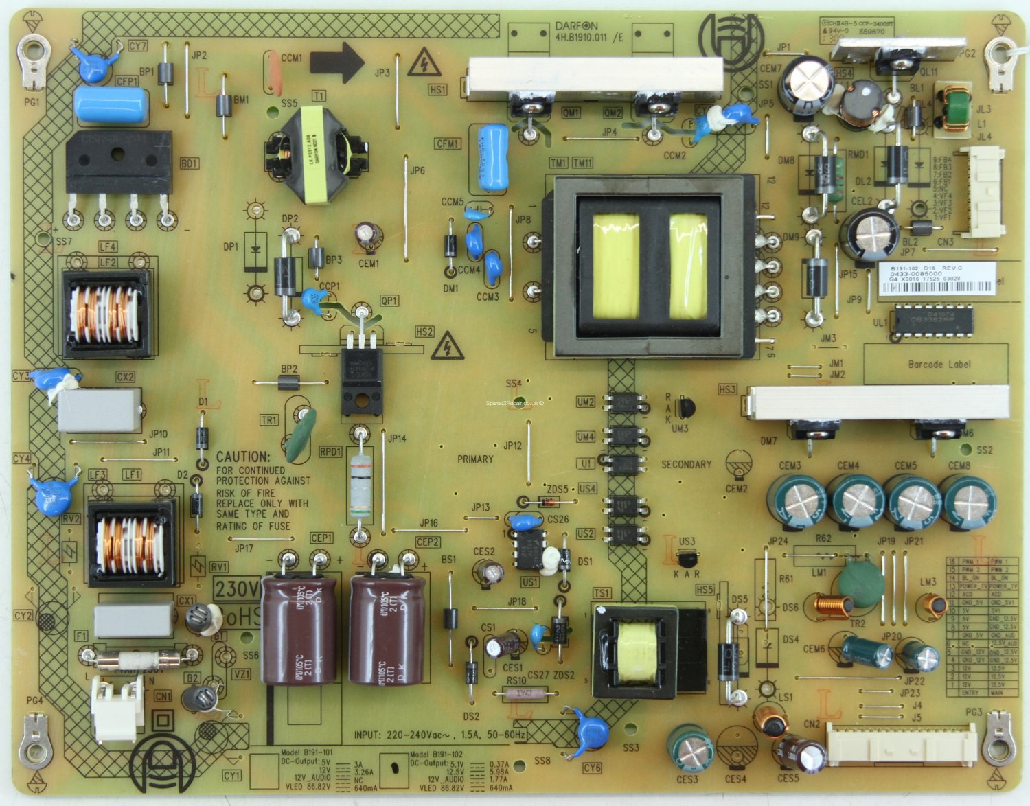 Toshiba 39L4353D - PSU - B191-102 - REV.C - 0433-0085000 - 4H.B1910.011 ...